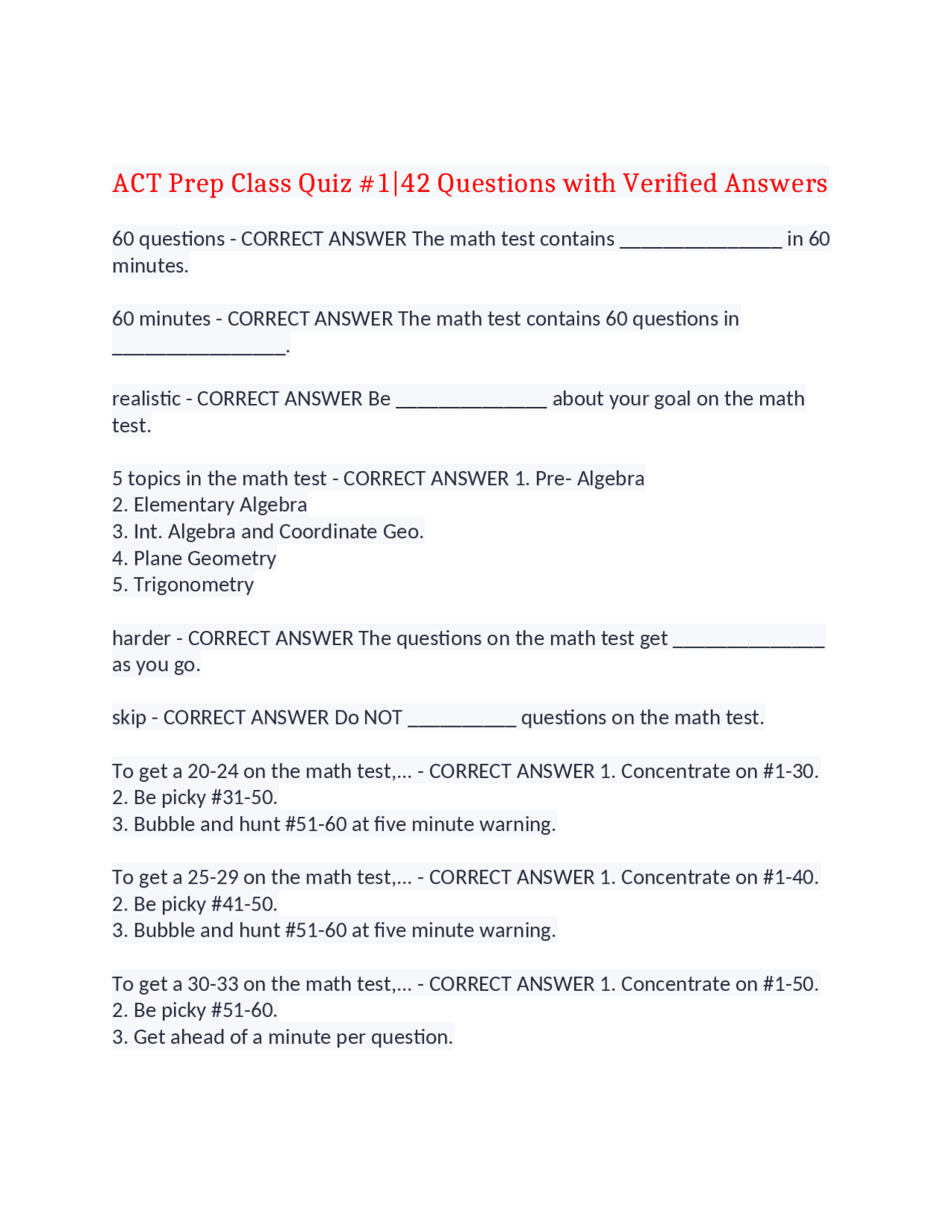 ACT Prep Class Quiz #1|42 Questions with Verified Answers,100% CORRECT ...