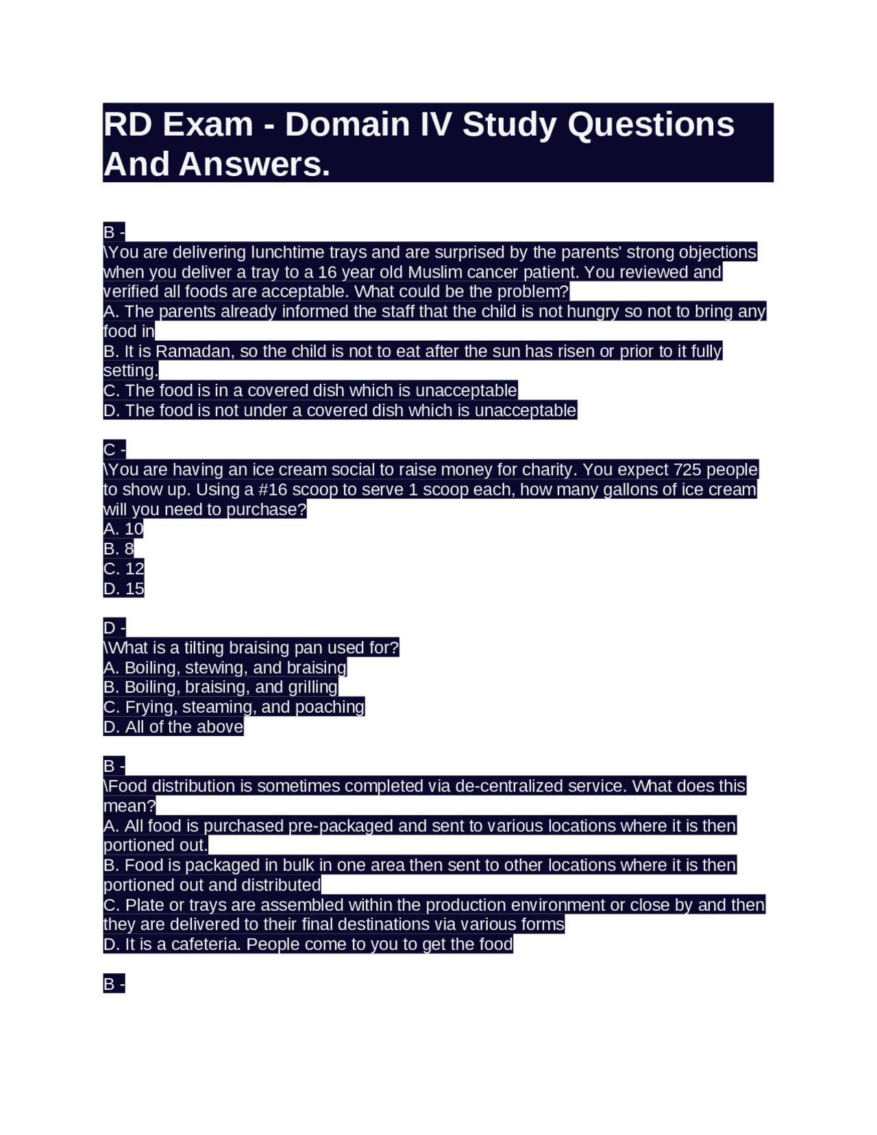 RD Exam - Domain IV Study Questions And Answers. | Exams Medicine | Docsity