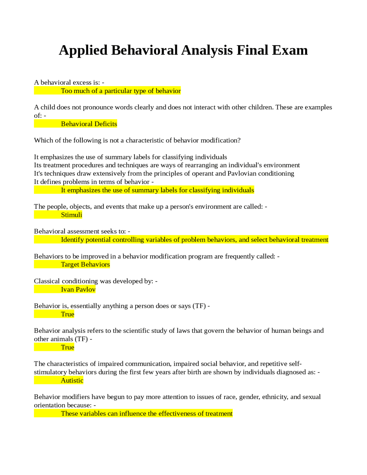 Applied Behavioral Analysis Final Exam. | Exams Behavioural Science | Docsity