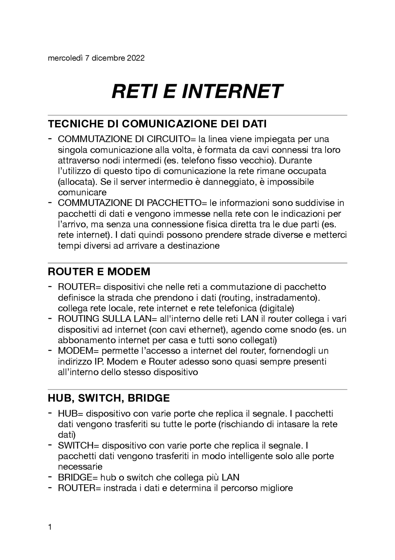 le reti e la connessione internet | Appunti di Elementi di Informatica | Docsity