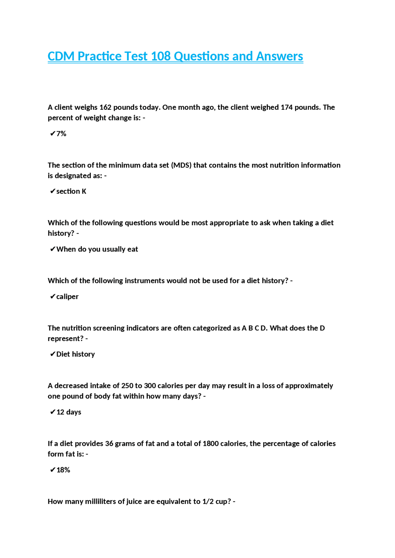 CDM Practice Test 108 Questions and Answers | Exams Nutrition | Docsity
