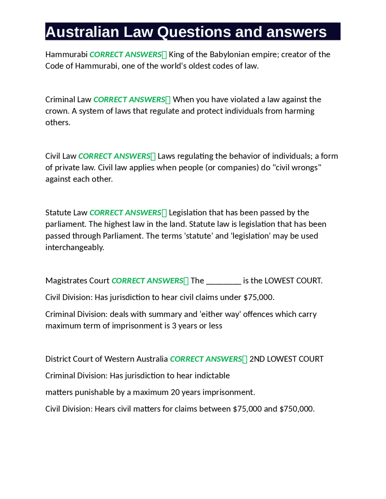 Australian Law Questions and answers | Exams Law | Docsity