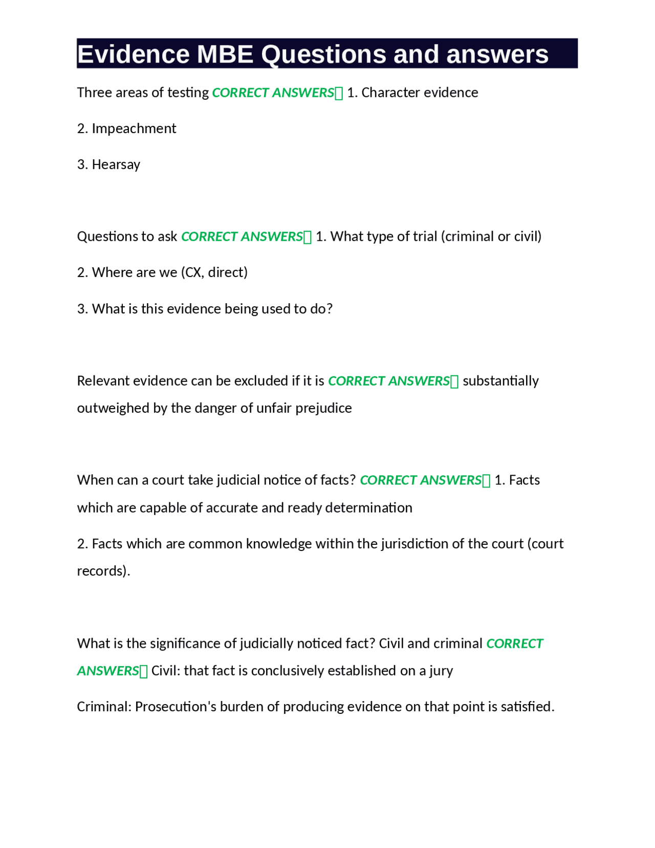 Evidence MBE: Questions and Answers for Criminal and Civil Trials ...
