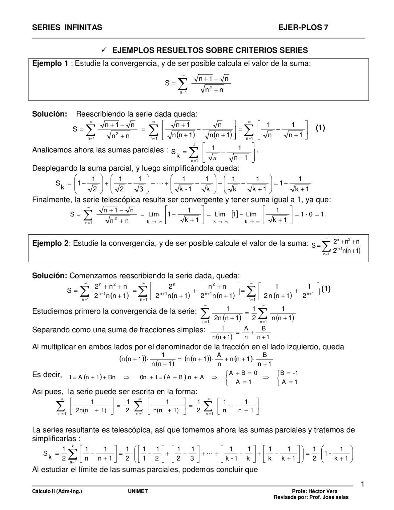 Ejercicios Resueltos Series Infinitas | Ejercicios de Matemáticas | Docsity