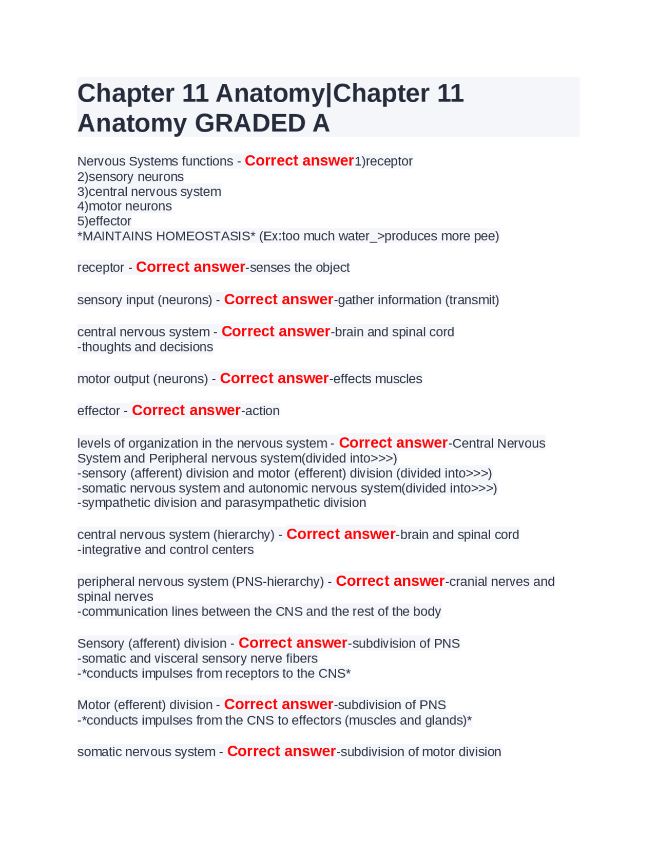 Chapter 11 Anatomy|Chapter 11 Anatomy GRADED A | Exams Nursing | Docsity