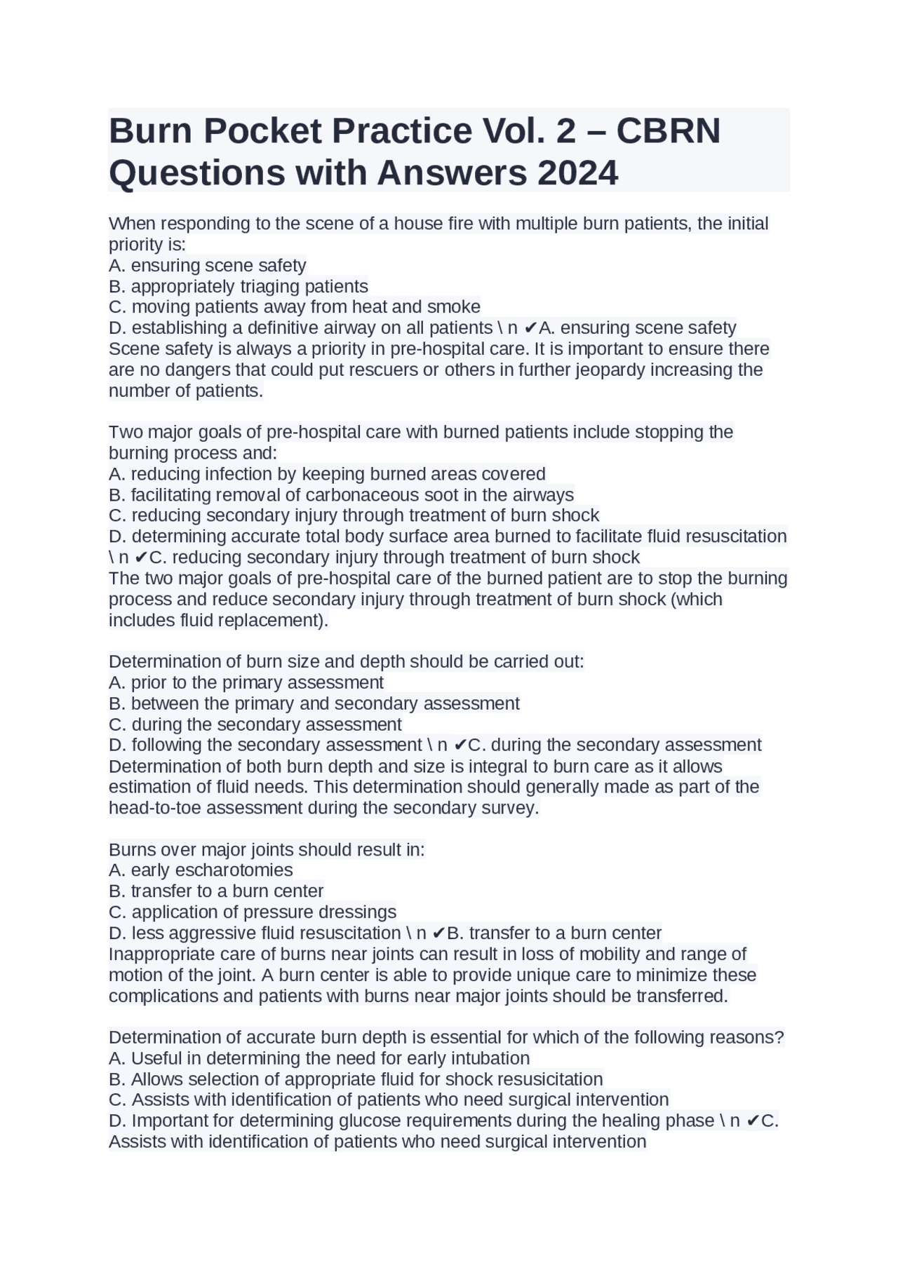 Burn Pocket Practice Vol. 2 – CBRN Questions with Answers 2024 | Exams Nursing | Docsity