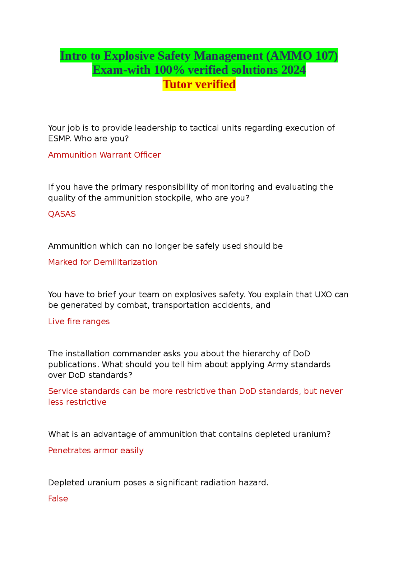 Intro to Explosive Safety Management (AMMO 107) Exam-with 100% verified ...