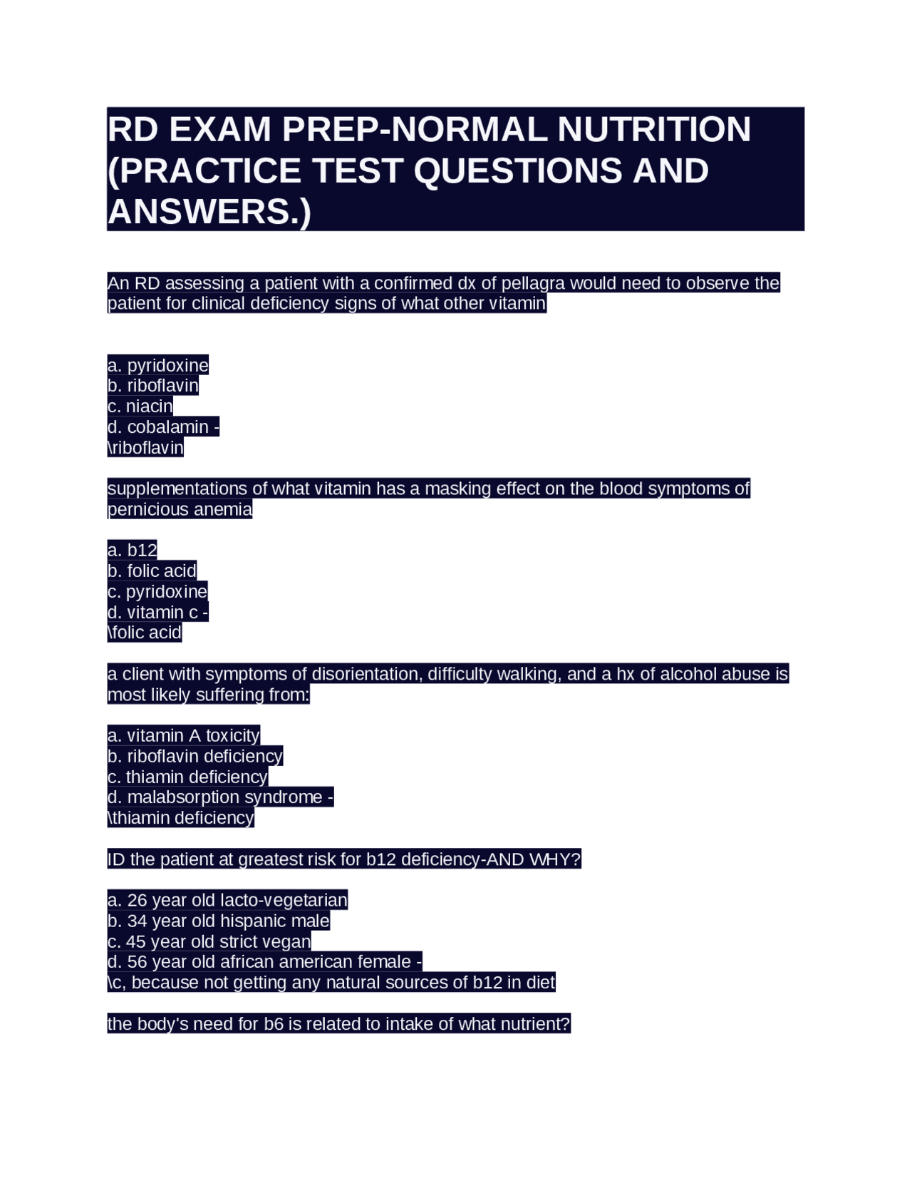 RD EXAM PREP-NORMAL NUTRITION (PRACTICE TEST QUESTIONS AND ANSWERS ...