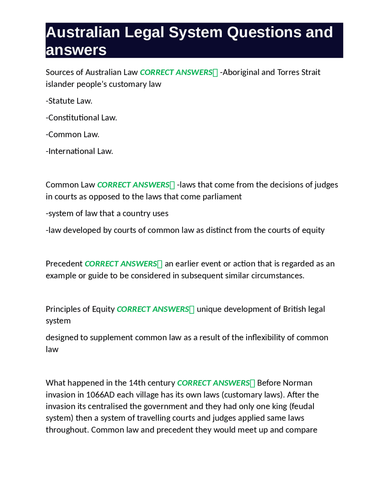 Australian Legal System Questions and answers | Exams Law | Docsity