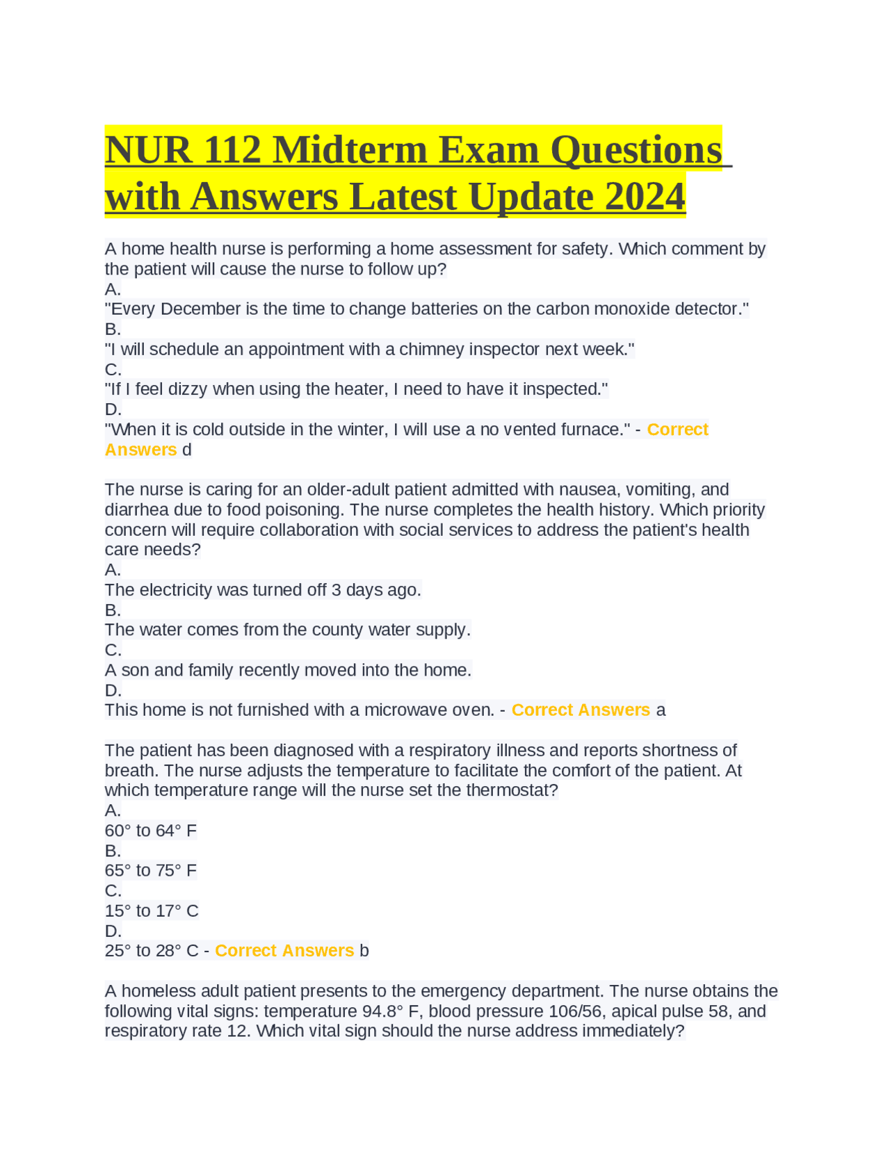 NUR 112 Midterm Exam Questions with Answers Latest Update 2024 | Exams ...