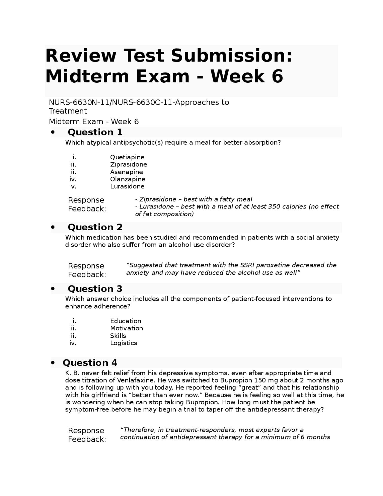 Review Test Submission: Midterm Exam - Week 6 | Exams Nursing | Docsity