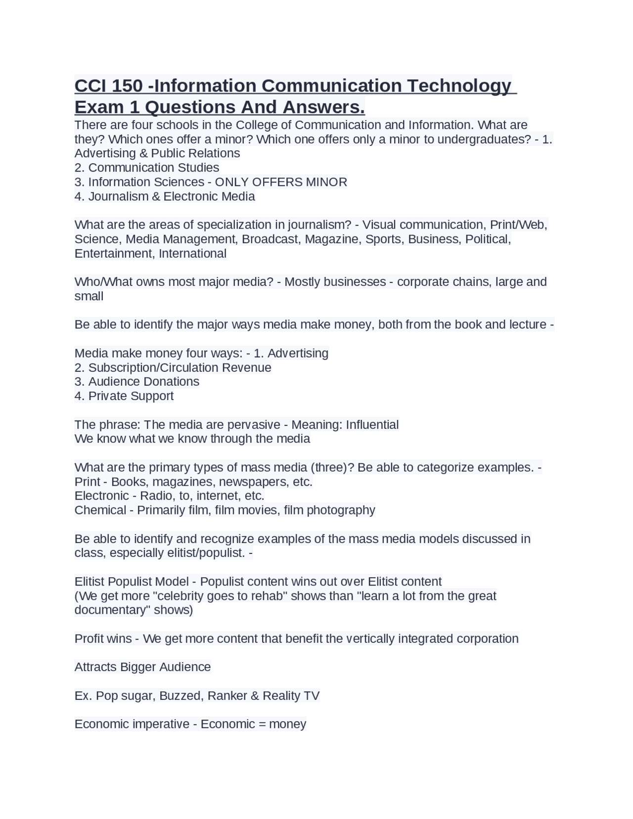 CCI 150 -Information Communication Technology Exam 1 Questions And ...