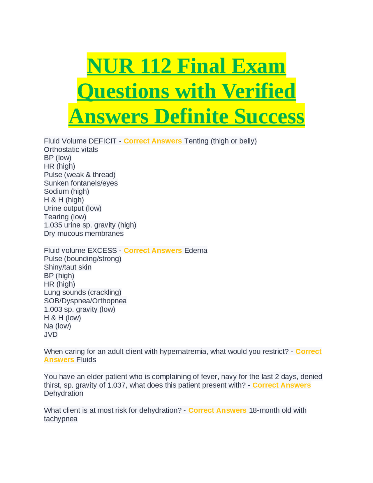 NUR 112 Final Exam Questions with Verified Answers Definite Success ...