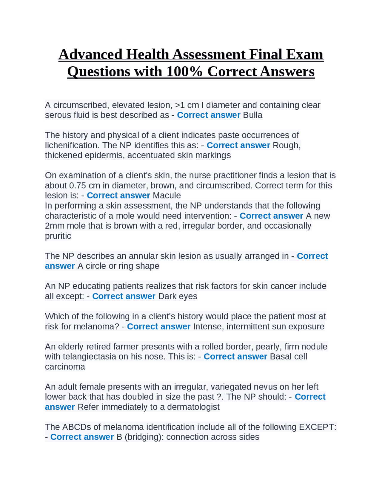 Advanced Health Assessment Final Exam Questions with 100% Correct ...