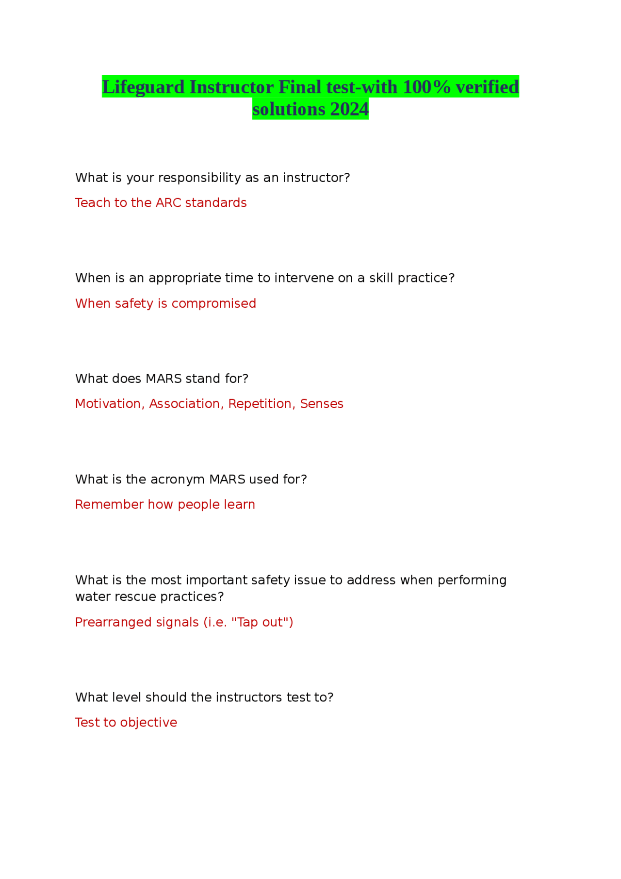 Lifeguard Instructor Final test-with 100% verified solutions 2024.docx ...