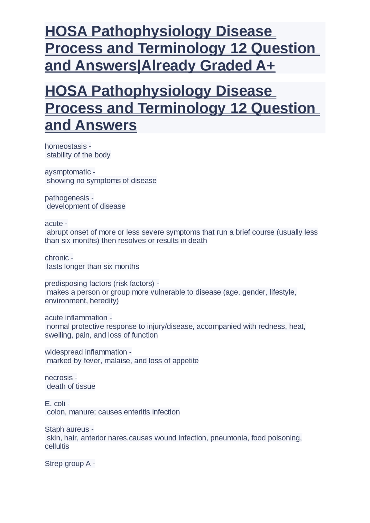 HOSA Pathophysiology Disease Process and Terminology 12 Question and ...