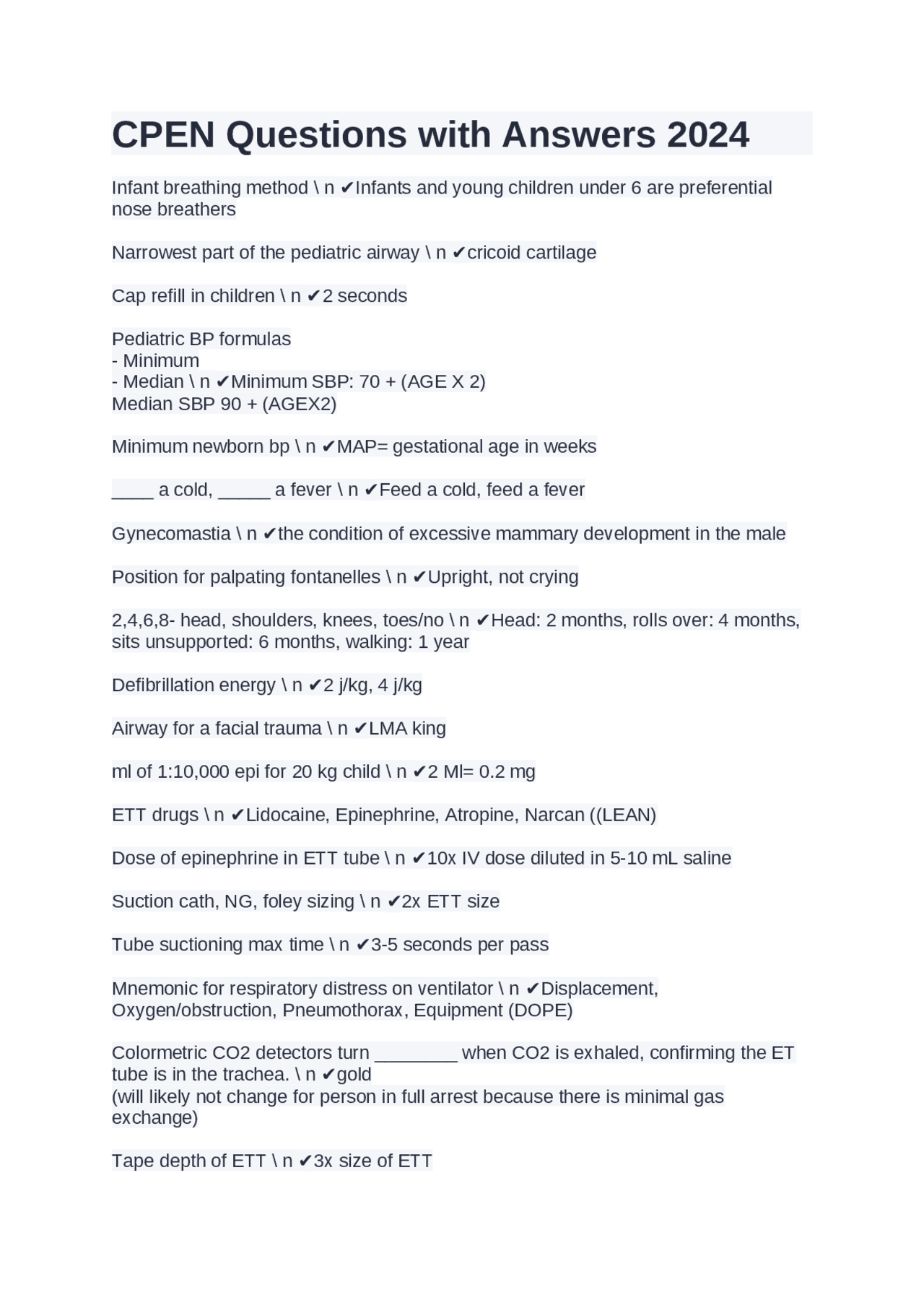 CPEN Questions with Answers 2024 | Exams Nursing | Docsity