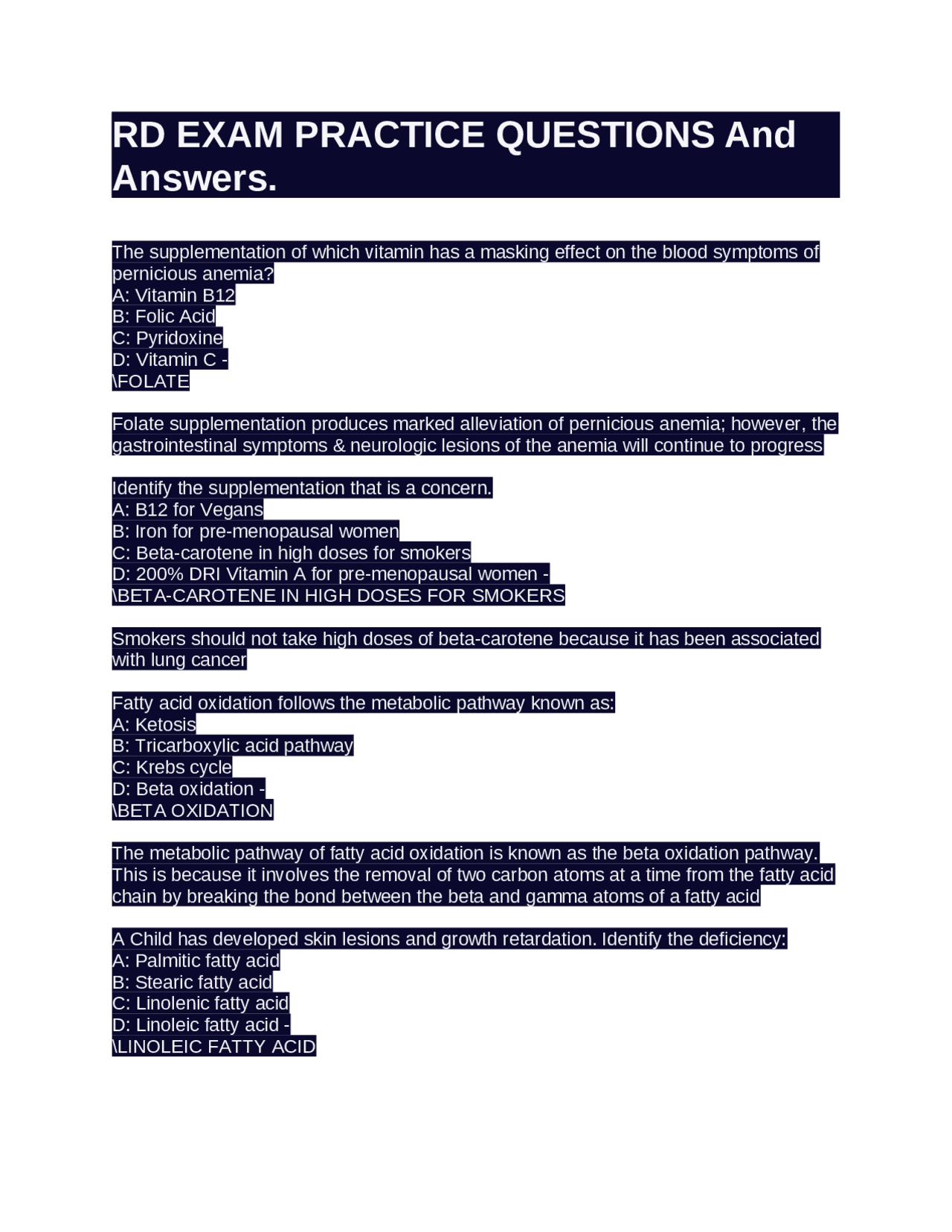 RD EXAM PRACTICE QUESTIONS And Answers. | Exams Medicine | Docsity