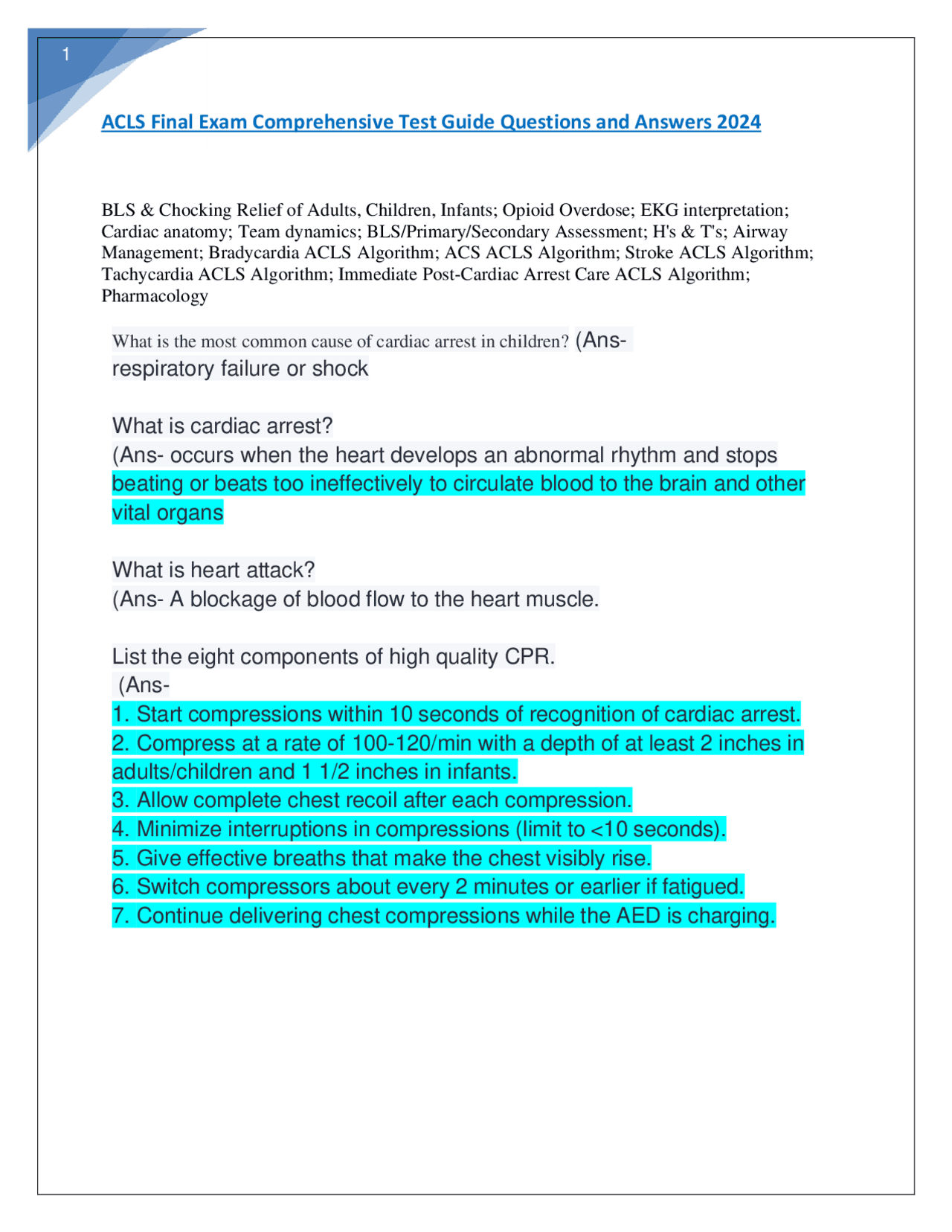 ACLS Final Exam Comprehensive Test Guide Questions and Answers 2024 ...