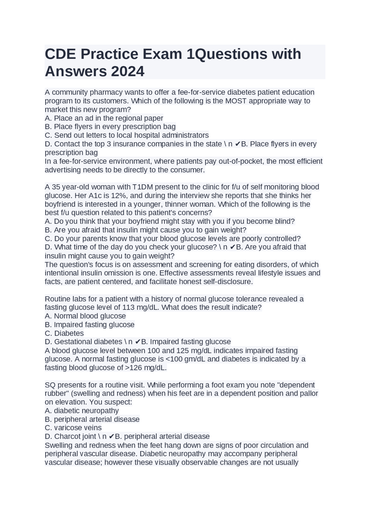 CDE Practice Exam 1Questions with Answers 2024 | Exams Nursing | Docsity