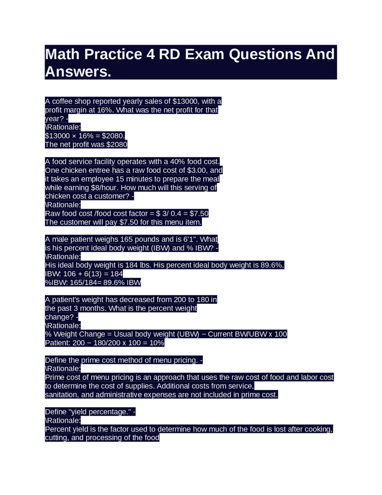 Math Practice for Food Service Industry: Calculations and Formulas ...