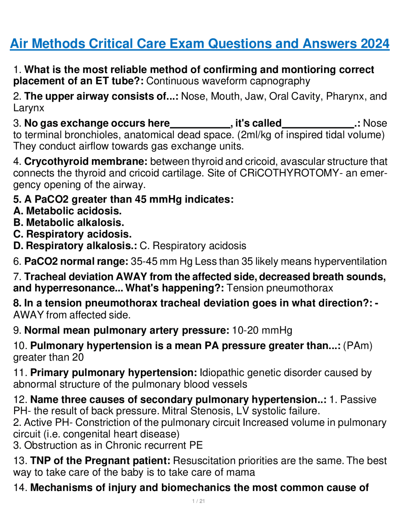 Air Methods Critical Care Exam Questions and Answers 2024 | Exams ...