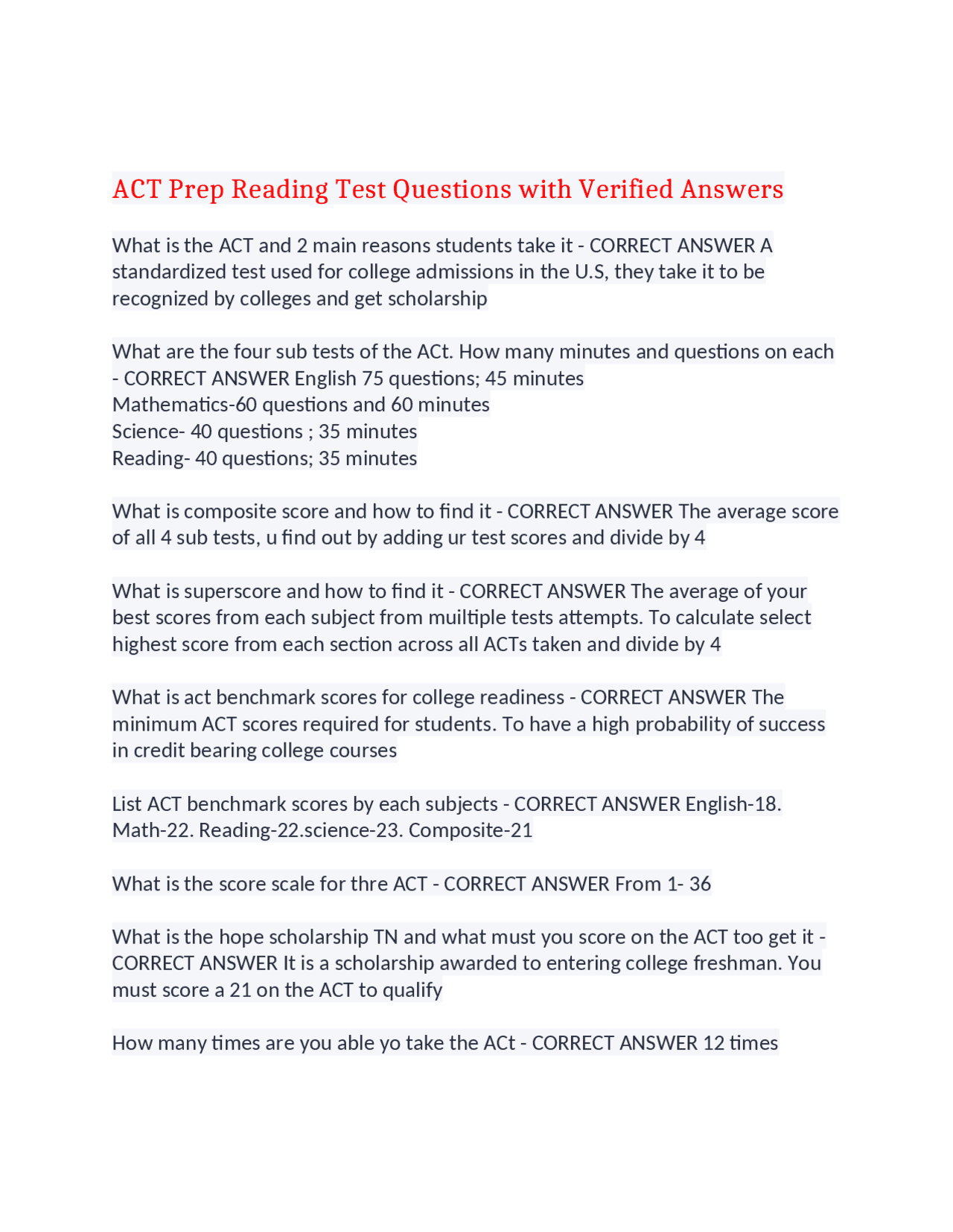 ACT Prep Reading Test Questions with Verified Answers,100% CORRECT ...