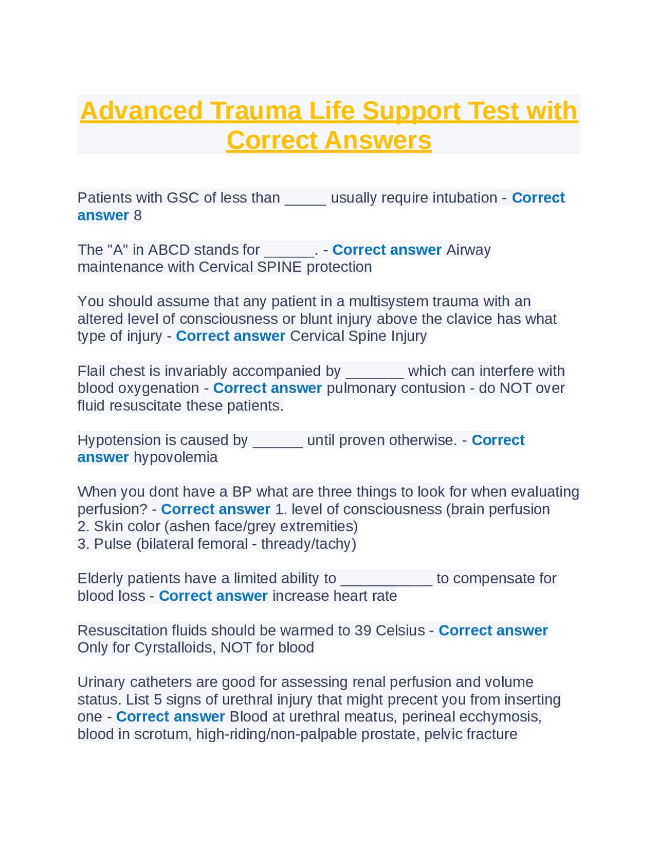 Advanced Trauma Life Support Test with Correct Answers | Exams Nursing ...