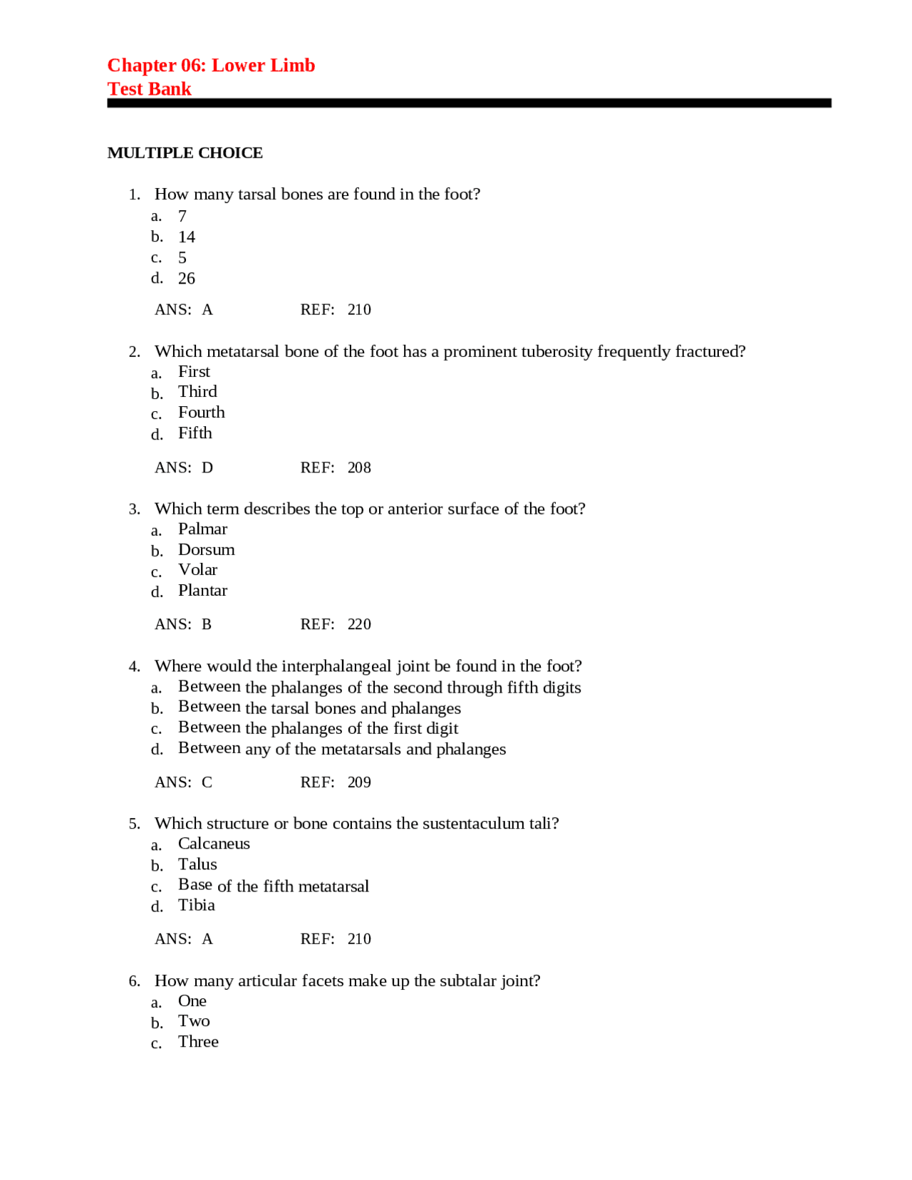 Chapter 06: Lower Limb Test Bank (2024 / 2025 Update) Questions and ...