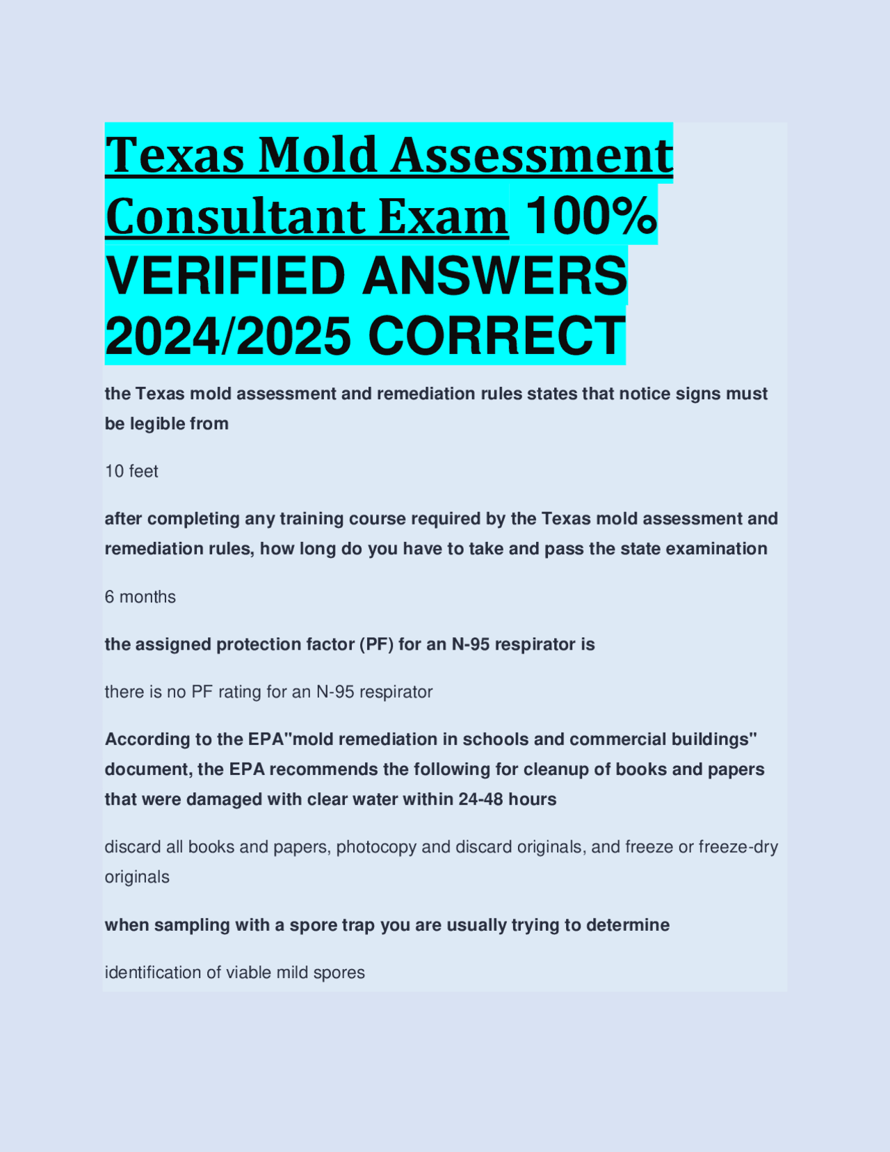 Texas Mold Assessment Consultant Exam 100% VERIFIED ANSWERS 2024/2025 ...