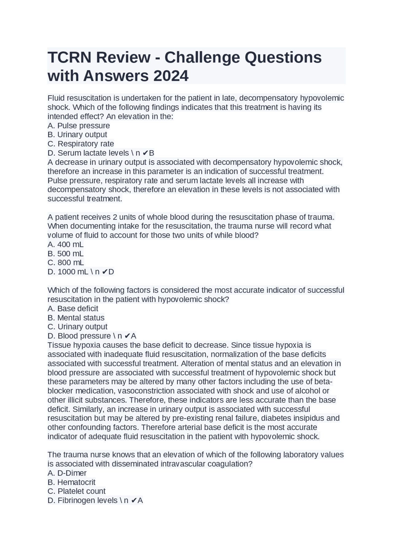 TCRN Review - Challenge Questions with Answers 2024 | Exams Nursing ...