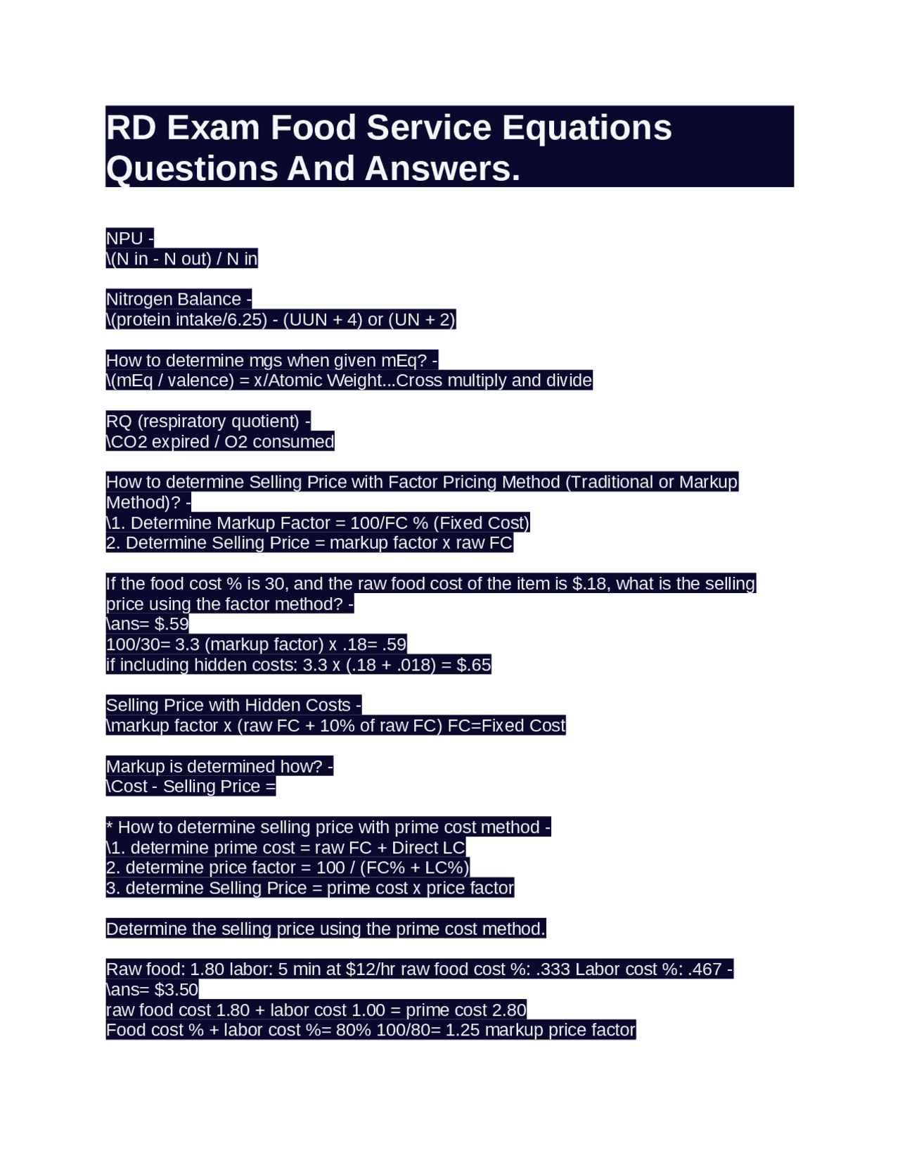 RD Exam Food Service Equations Questions And Answers. | Exams Medicine ...