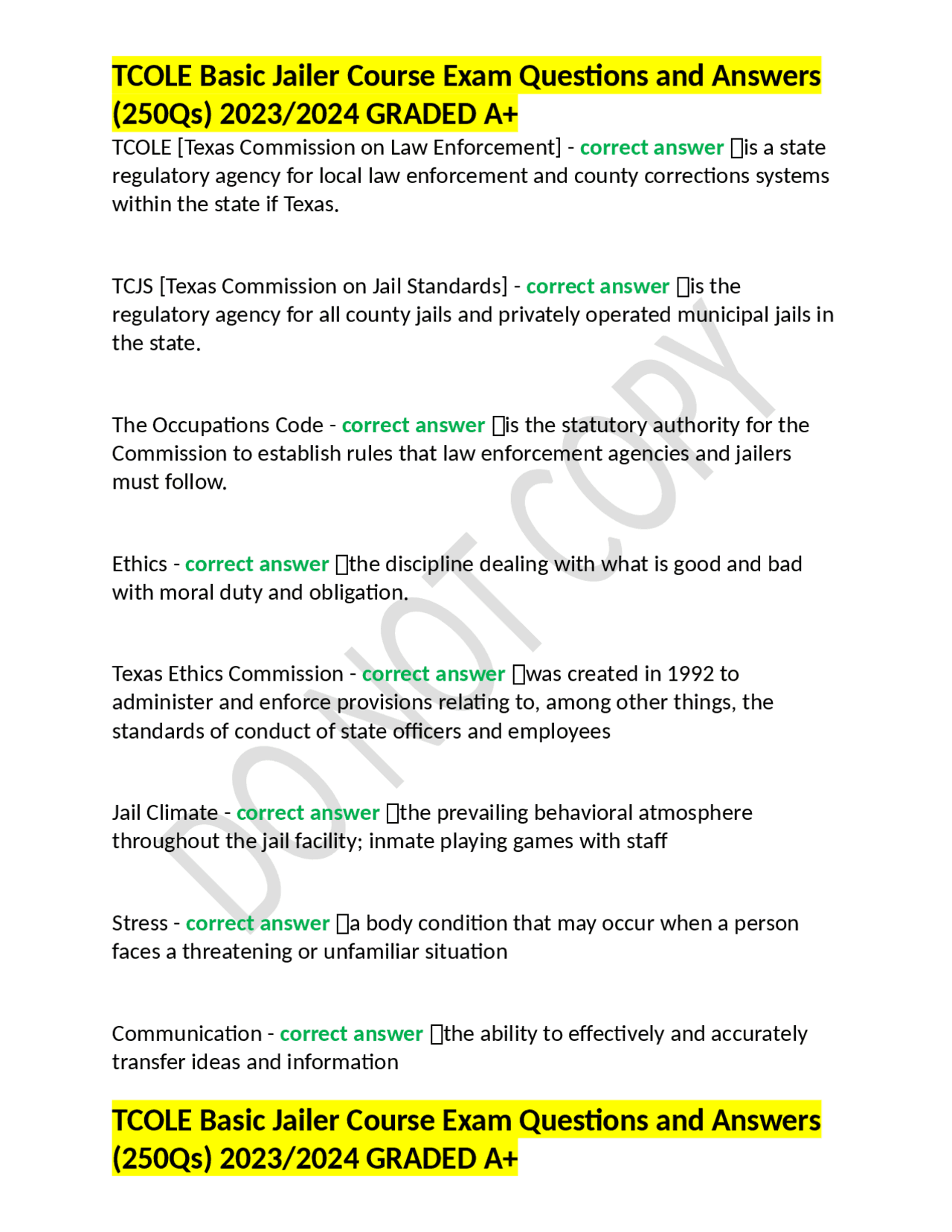 TCOLE Basic Jailer Course Exam Questions and Answers | Exams Nursing ...