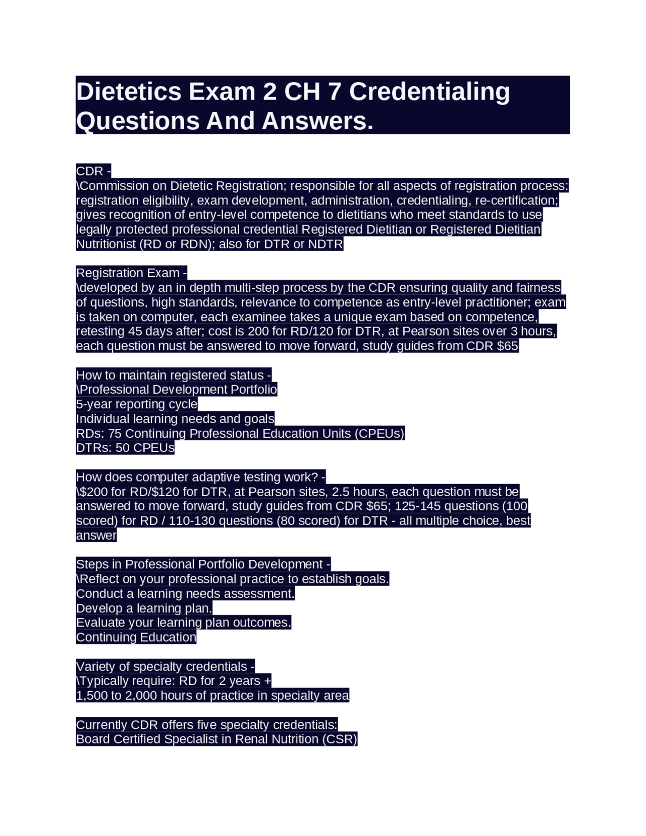 Dietetics Exam 2 CH 7 Credentialing Questions And Answers. | Exams ...