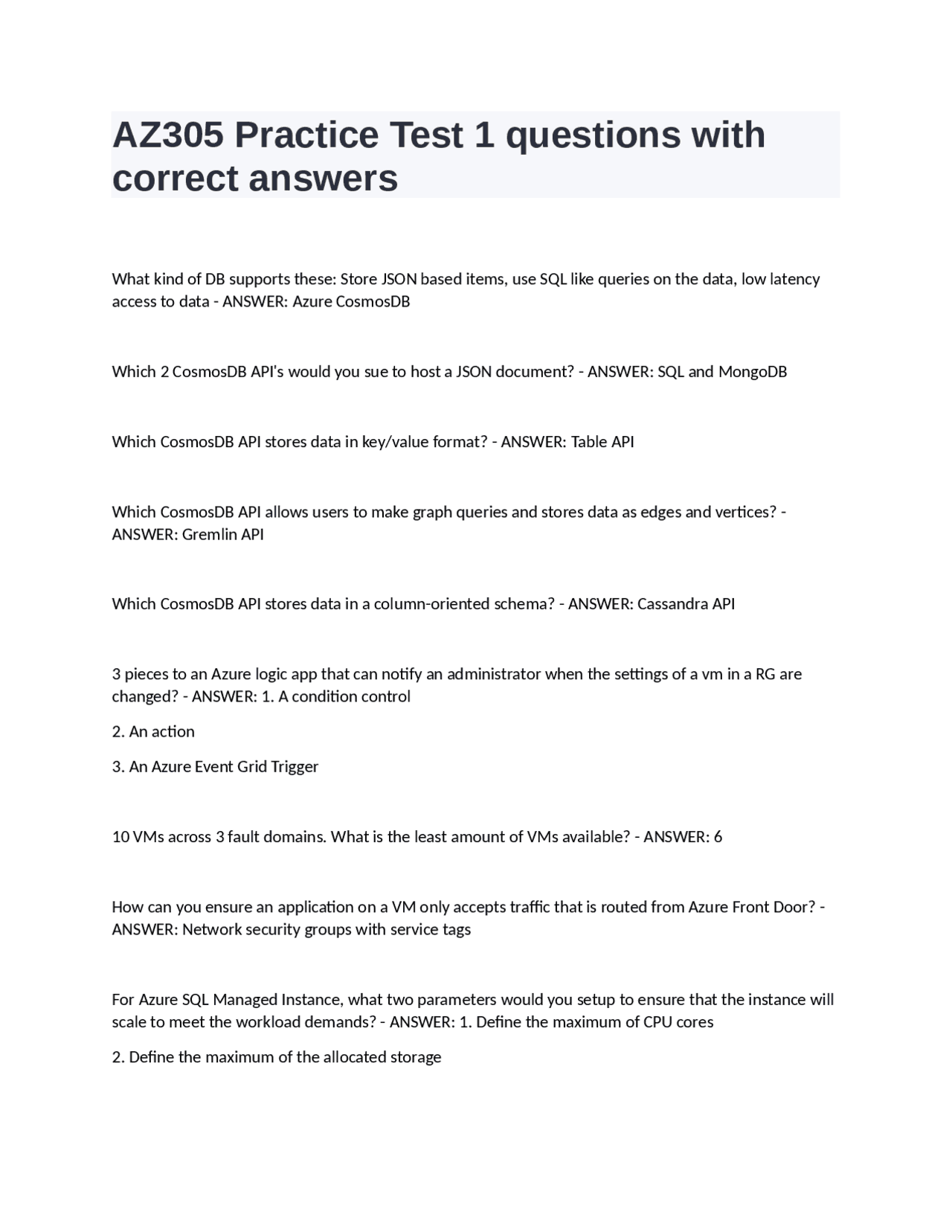 AZ305 Practice Test 1 questions with correct answers | Exams Nursing ...