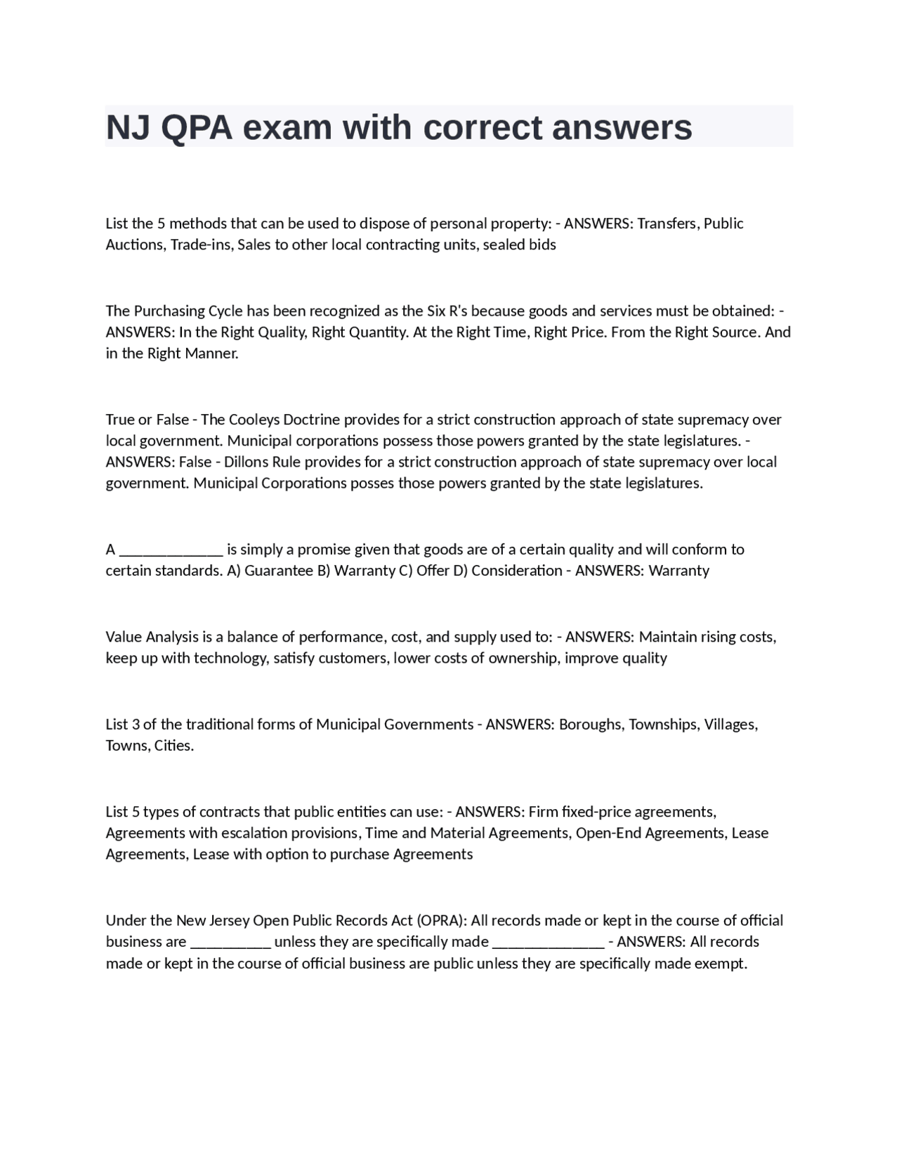 NJ QPA exam with correct answers | Exams Nursing | Docsity