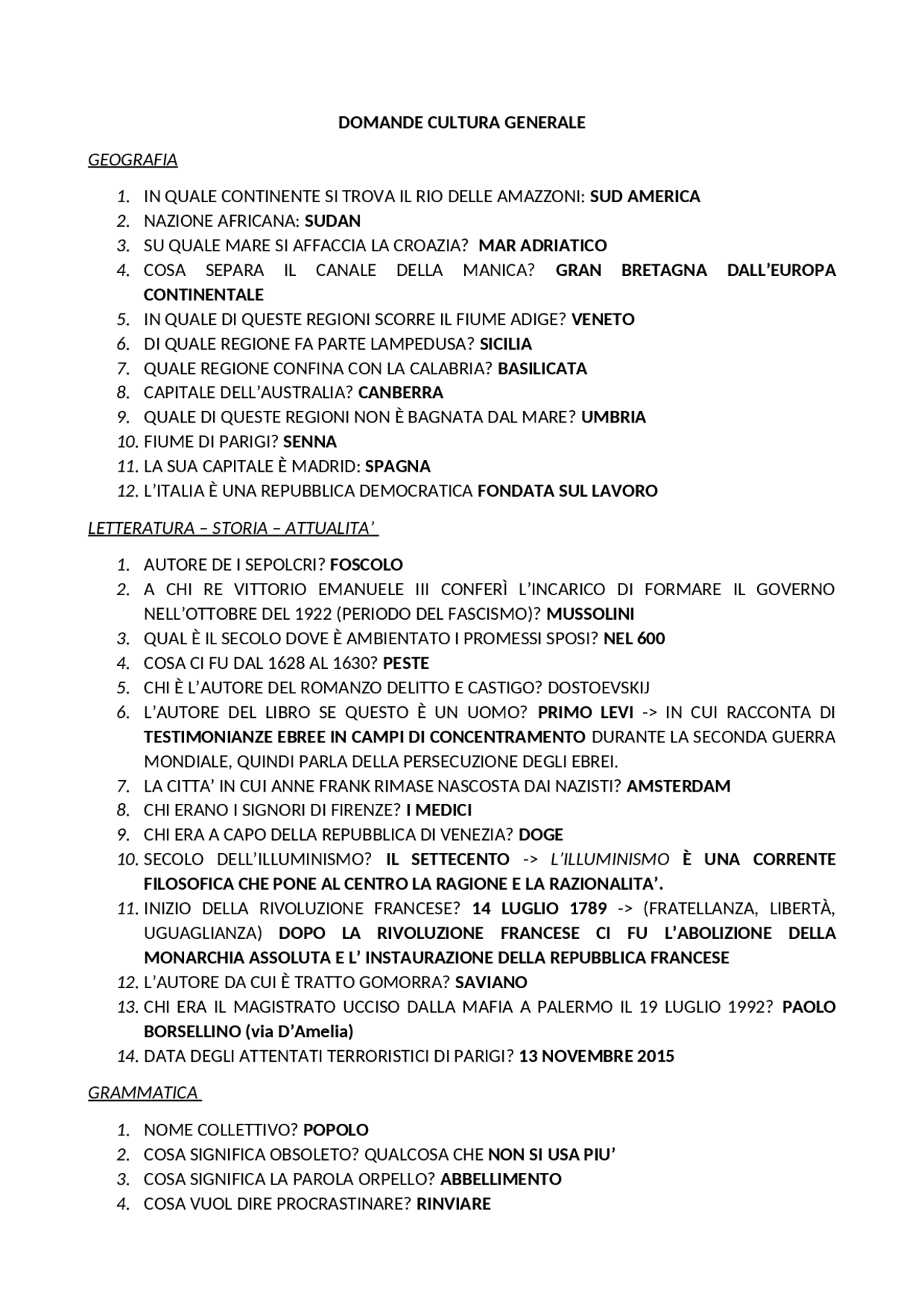 Domande Cultura Generale | Esercizi di Lingua Italiana | Docsity