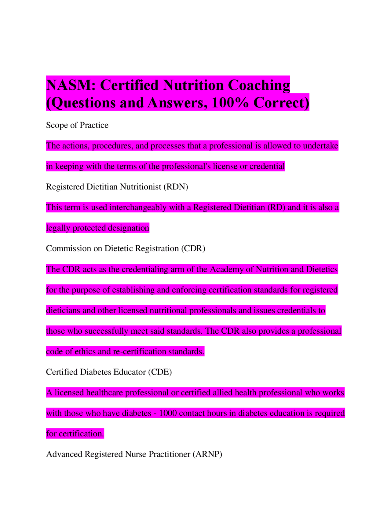 NASM: Certified Nutrition Coaching (Questions and Answers, 100% Correct ...
