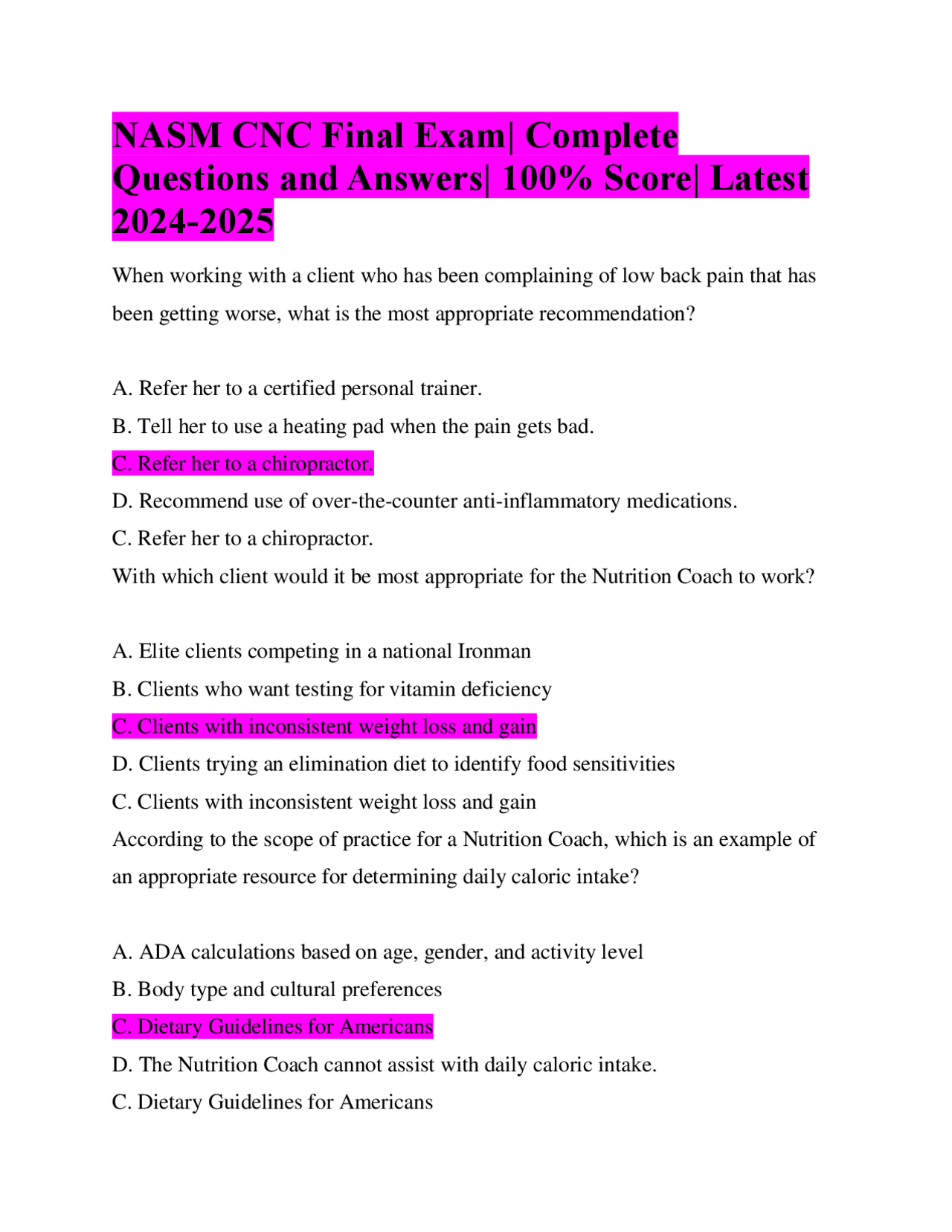 NASM CNC Final Exam| Complete Questions and Answers| 100% Score|Latest ...