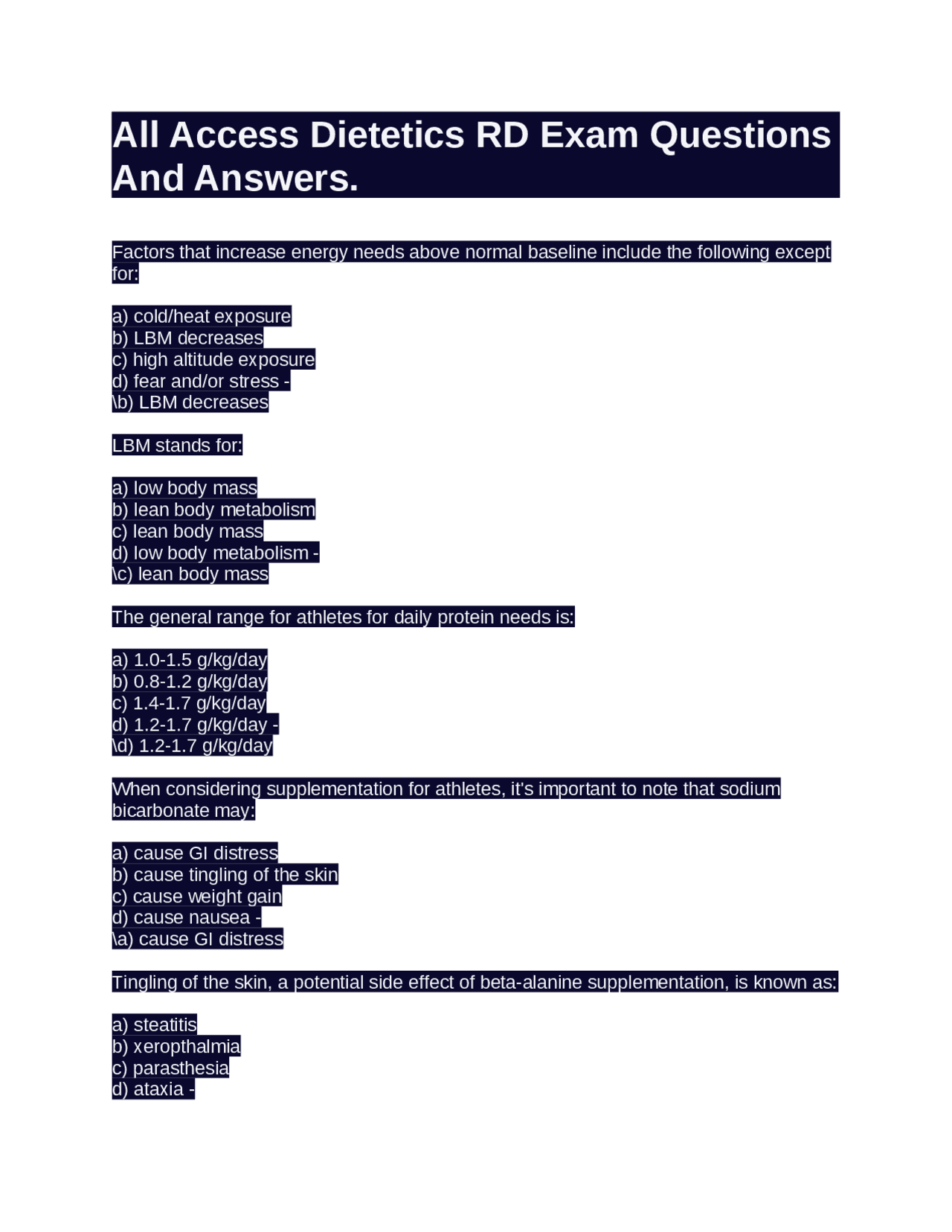 All Access Dietetics RD Exam Questions And Answers. | Exams Medicine | Docsity