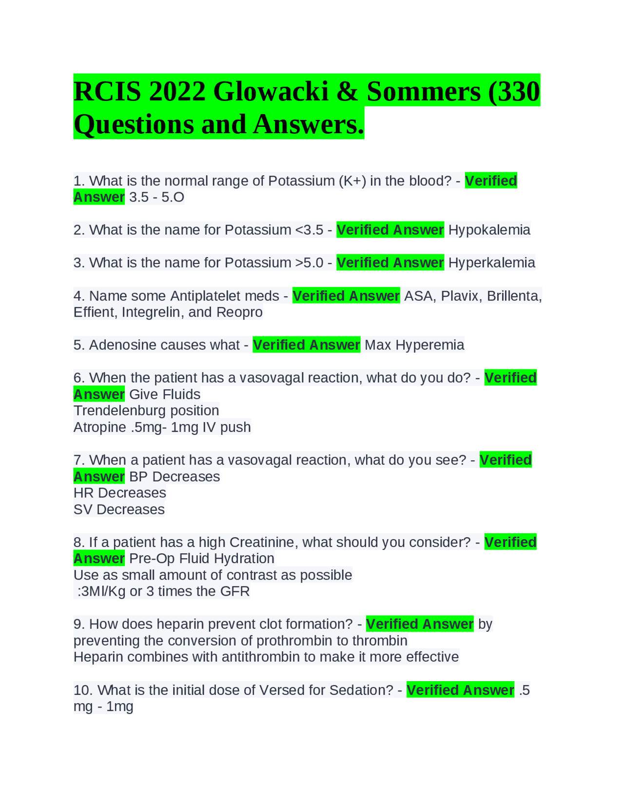 RCIS 2022 Glowacki & Sommers (330 Questions and Answers. | Exams Medicine | Docsity