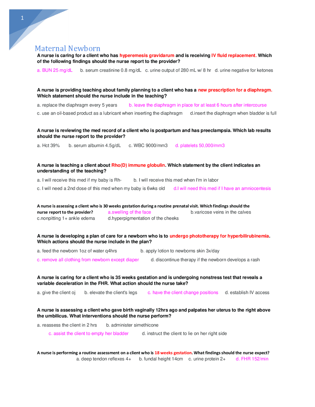 Maternal Newborn exam questions with answers | Exams Nursing | Docsity