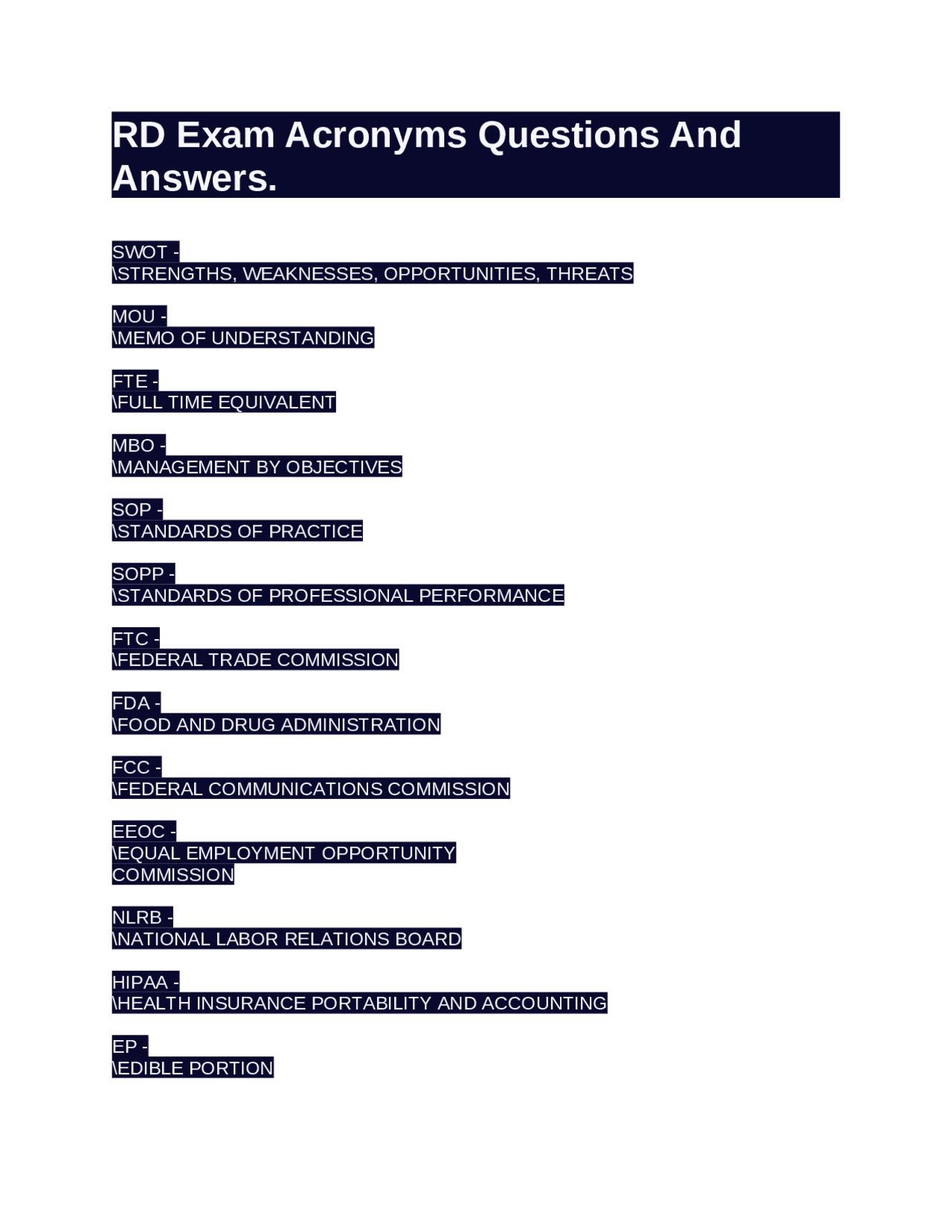 RD Exam Acronyms Questions And Answers. | Exams Medicine | Docsity