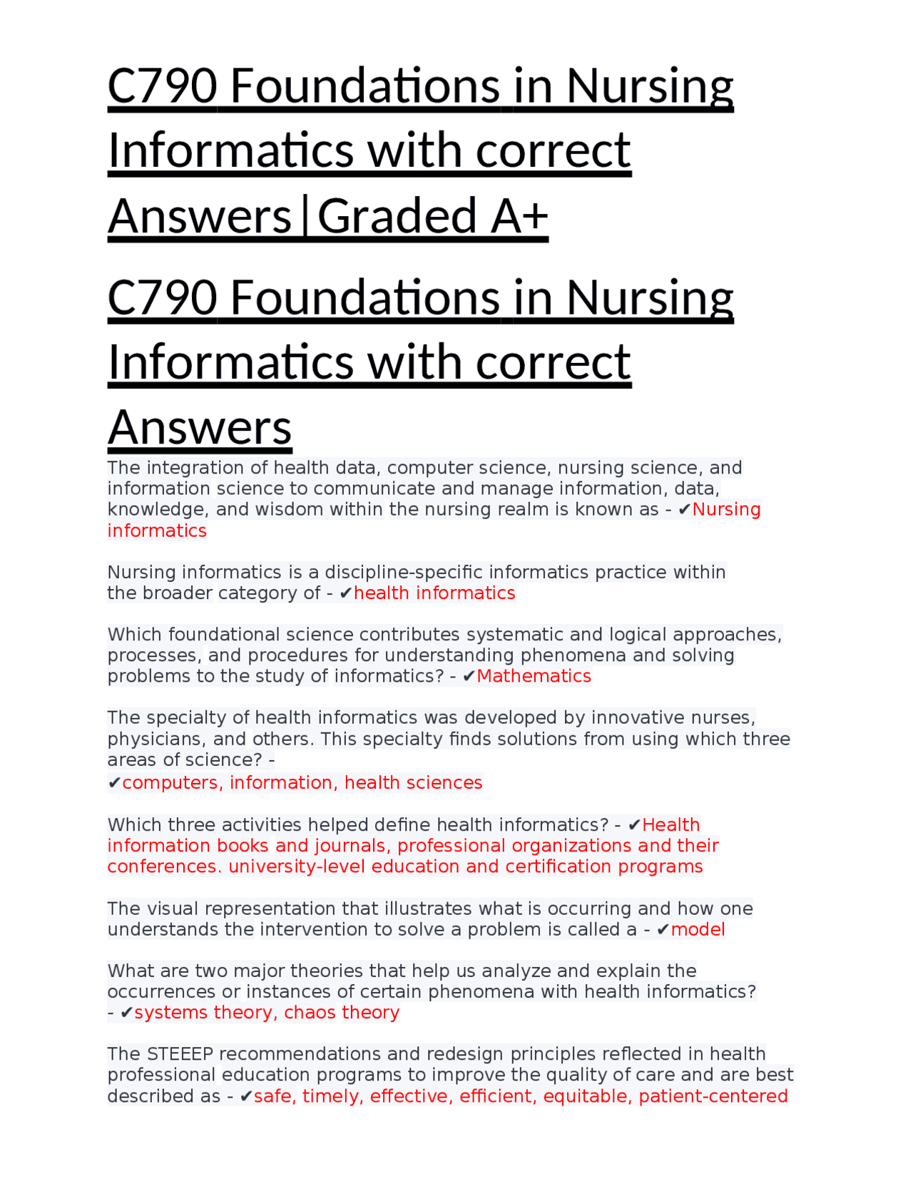 C790 Foundations in Nursing graded A+.docx | Exams Nursing | Docsity