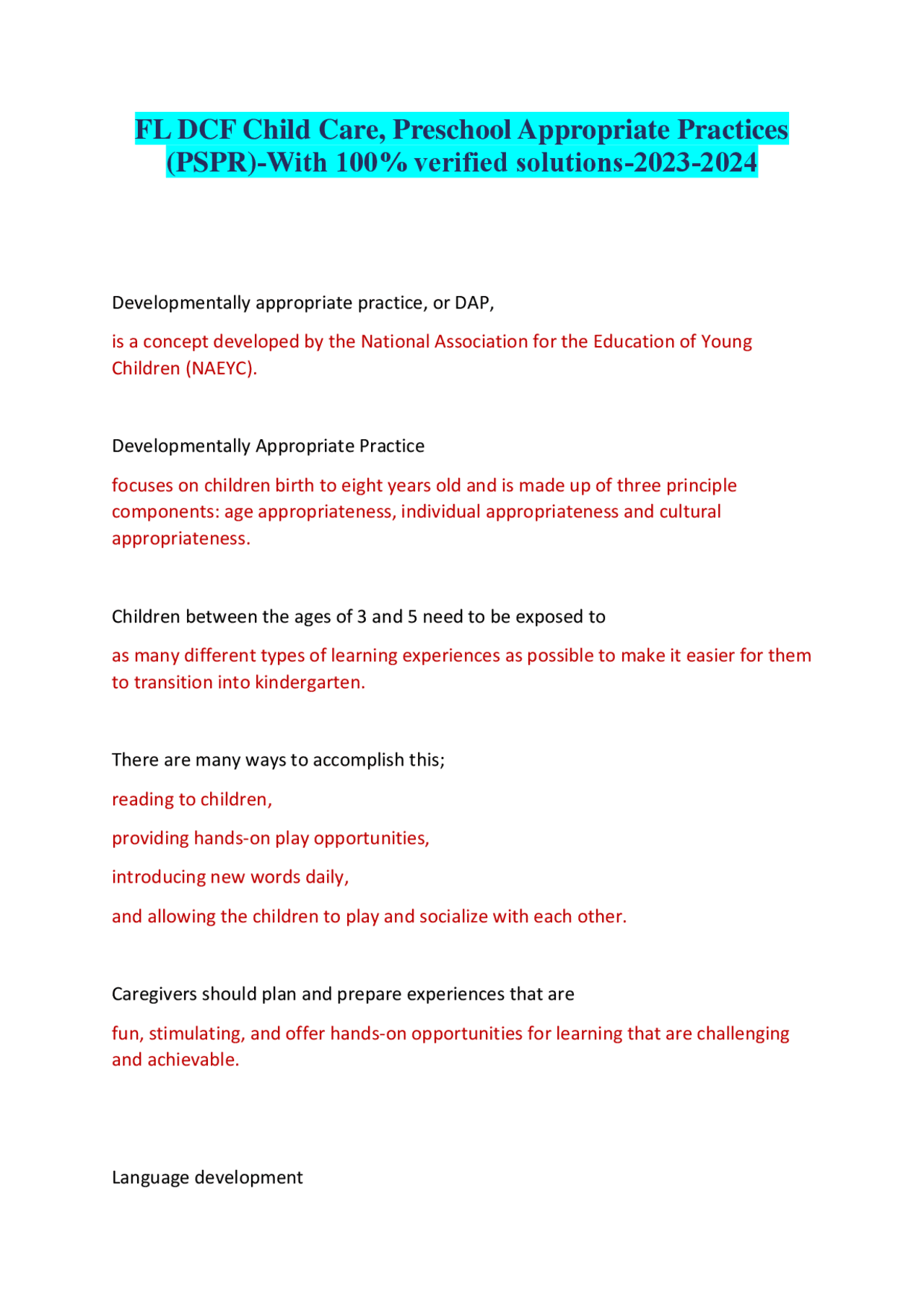 FL DCF Child Care, Preschool Appropriate Practices (PSPR)-With 100% ...