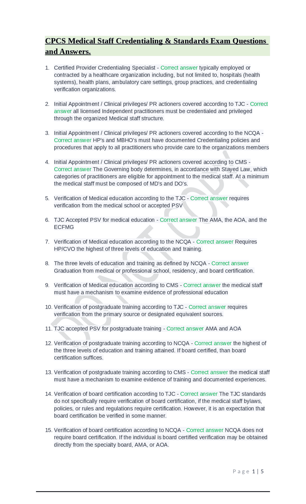 CPCS Medical Staff Credentialing & Standards Exam Questions and Answers ...