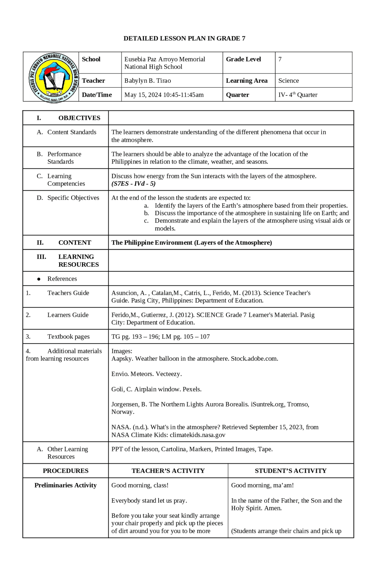 Lesson Plan about layers of the earth's atmosphere | Study notes Earth ...