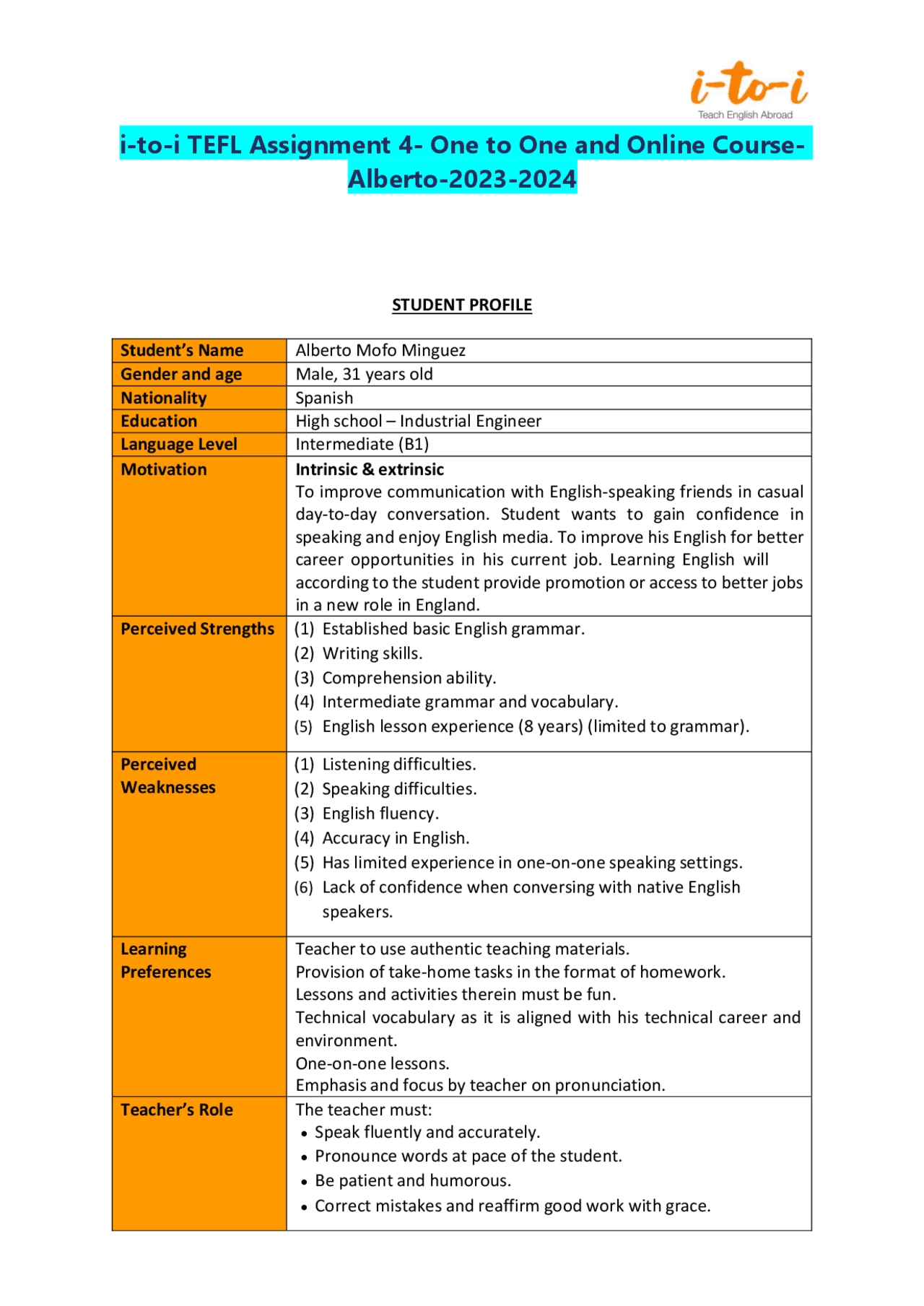i-to-i TEFL Assignment 4- One to One and Online Course- Alberto-2023 ...