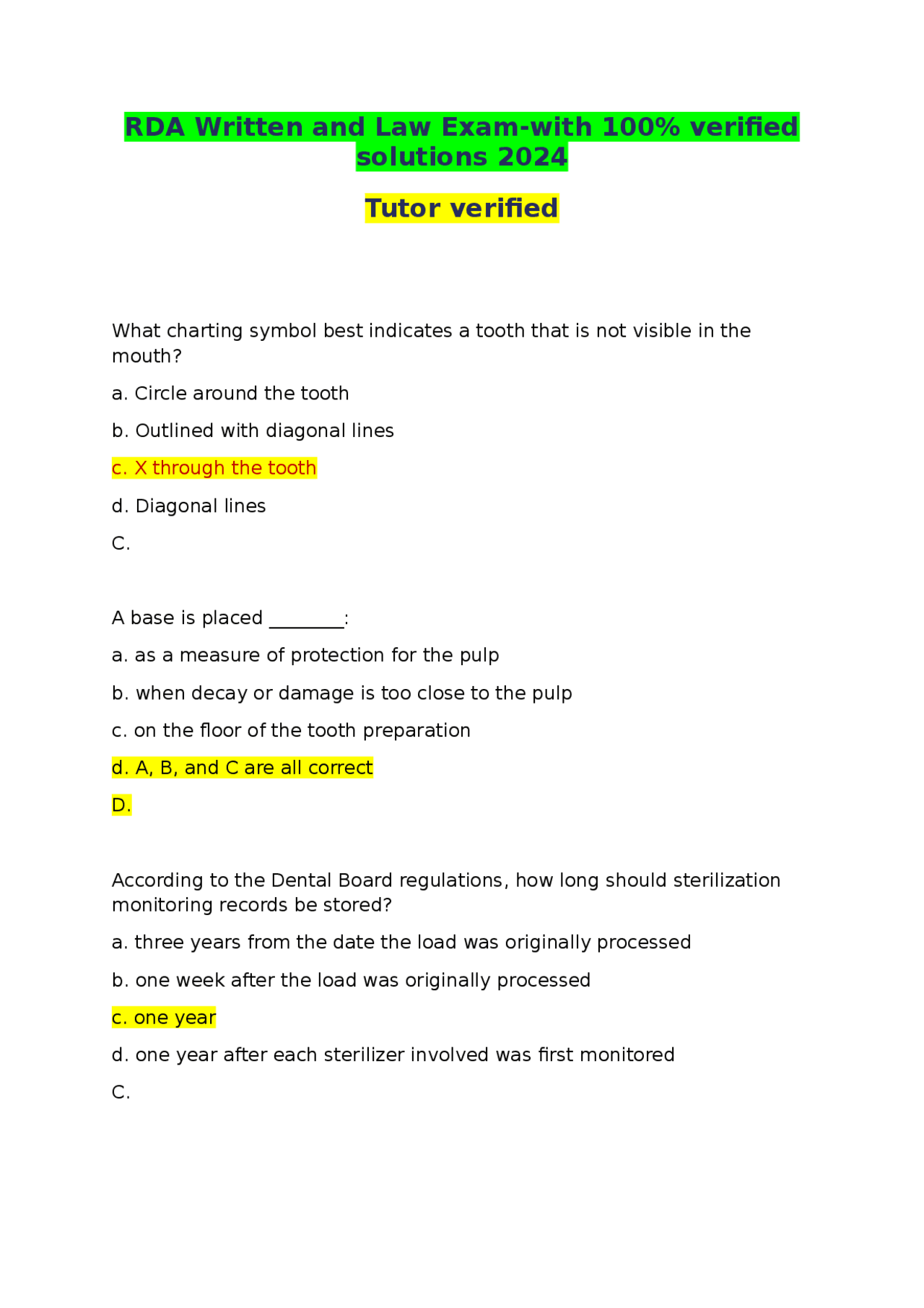 RDA Written and Law Exam-with 100% verified solutions 2024.docx | Exams ...