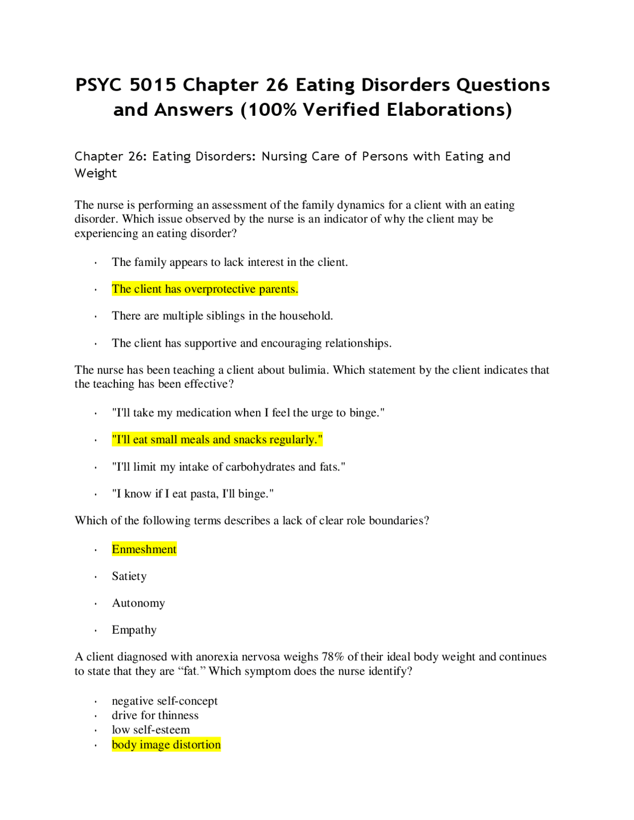 PSYC 5015 Chapter 26 Eating Disorders Questions and Answers (100% ...
